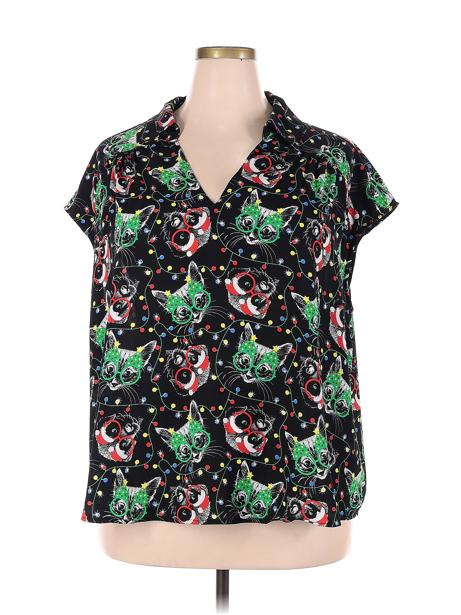 ModCloth 100% Polyester Print Black Short Sleeve Blouse Size 3X (Plus ...
