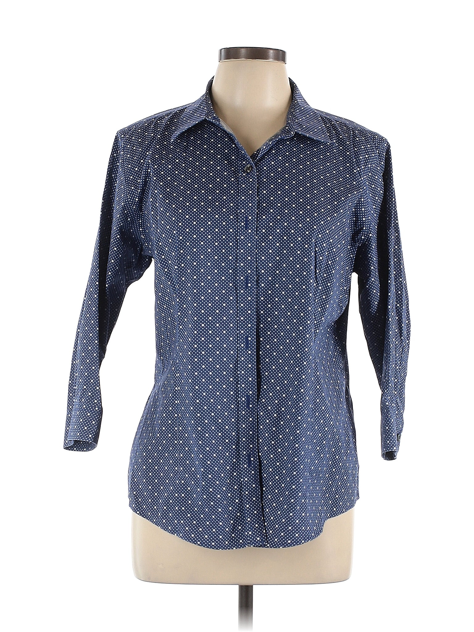 L.L.Bean 100% Cotton Polka Dots Jacquard Hearts Stars Brocade Blue Long Sleeve Button-Down Shirt ...