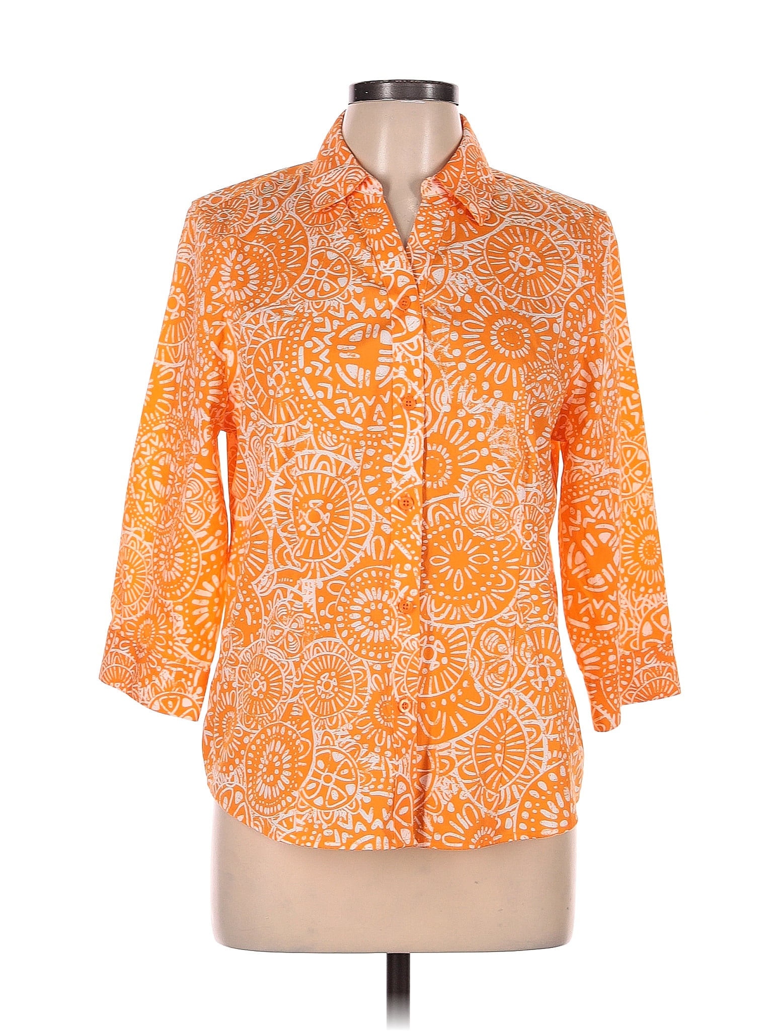 Chicos 100 Cotton Orange 3 4 Sleeve Button Down Shirt Size Med 1