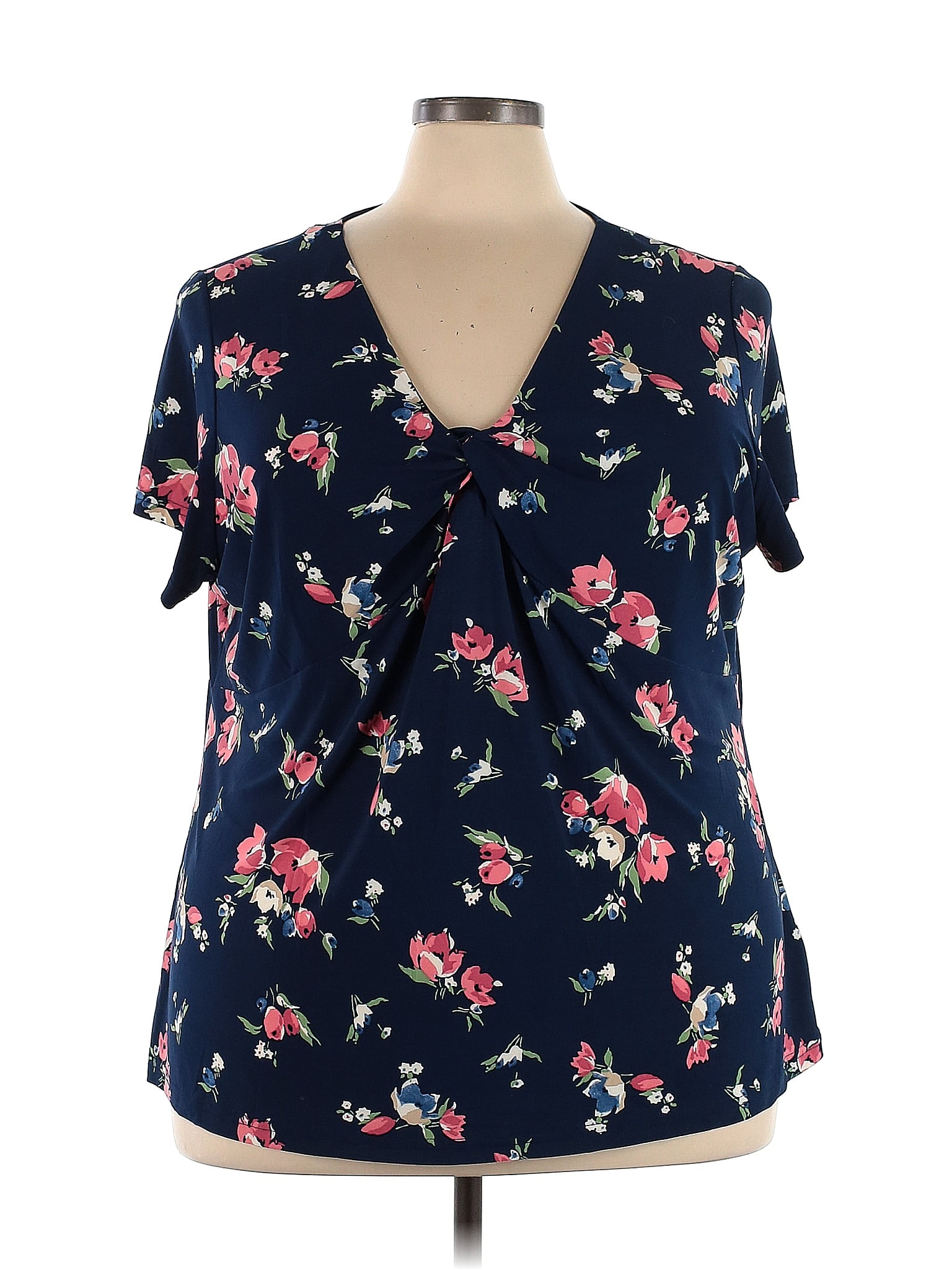Chaps Floral Navy Blue Short Sleeve Blouse Size 3x Plus 50 Off