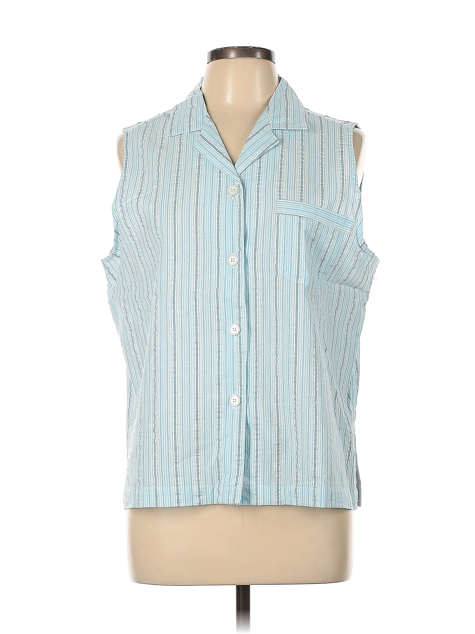 Character 100% Cotton Stripes Blue Sleeveless Button-Down Shirt Size L ...