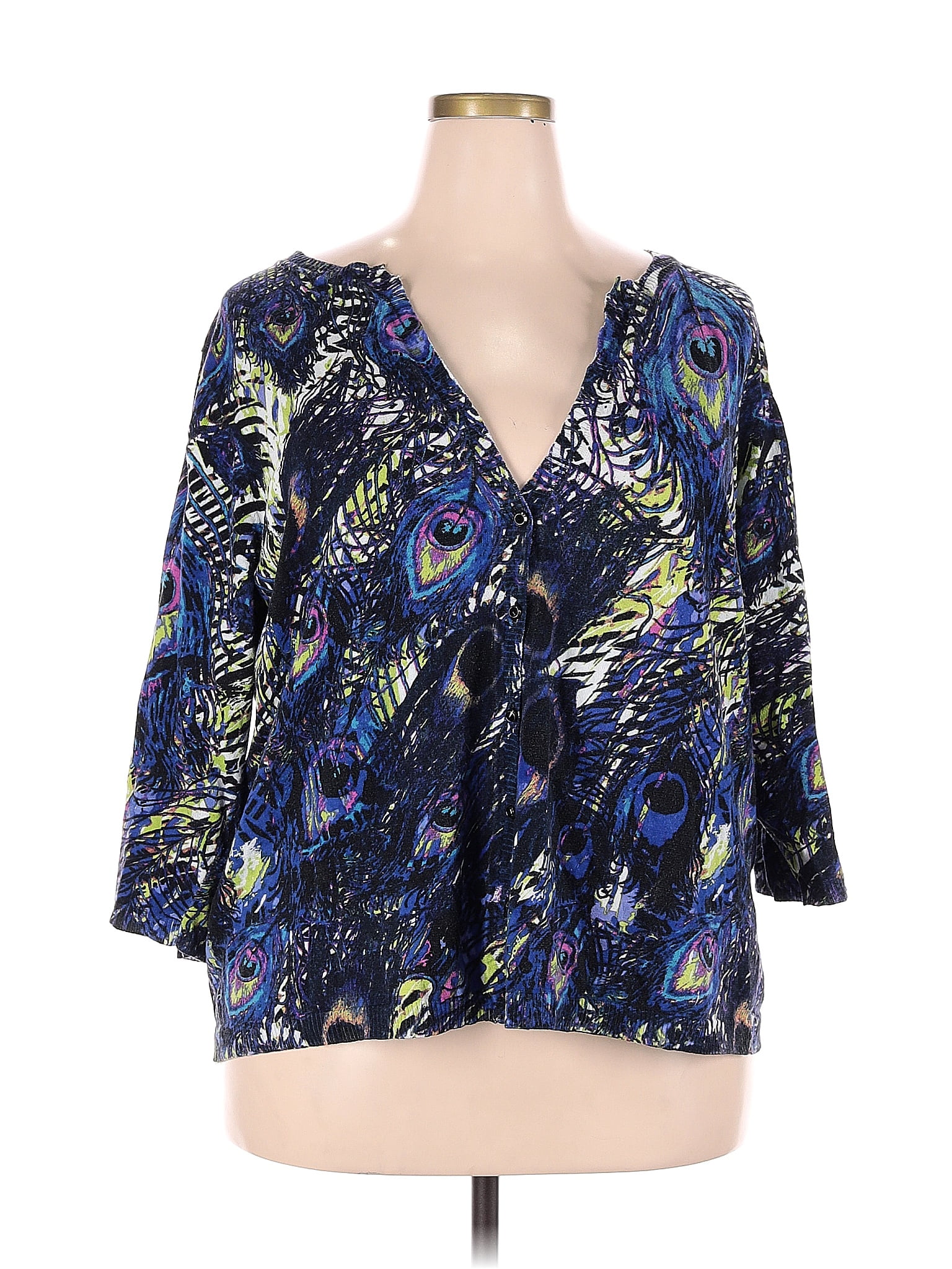 Lane Bryant Color Block Tropical Multi Color Blue Cardigan Size 26 - 28 ...