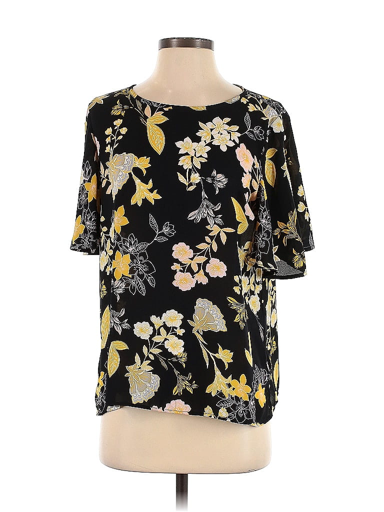 Ann Taylor Loft 100 Polyester Floral Yellow Black Short Sleeve Blouse