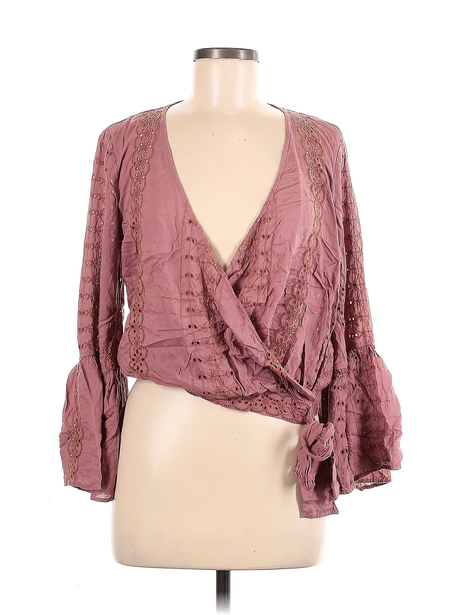 American Eagle Outfitters 100 Modal Solid Burgundy Long Sleeve Blouse