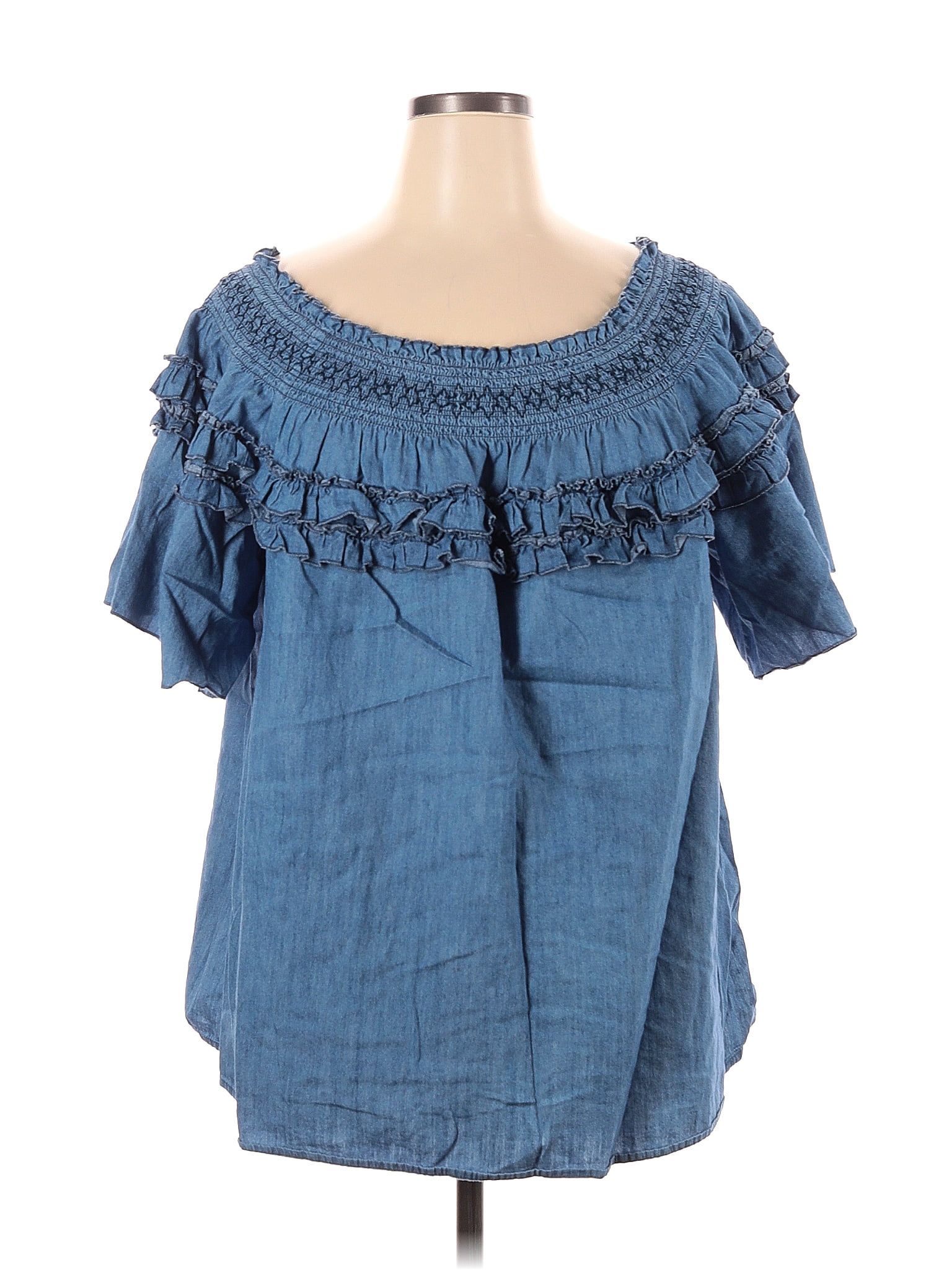 Ashley Stewart 100 Cotton Solid Blue Short Sleeve Blouse Size 16 Plus