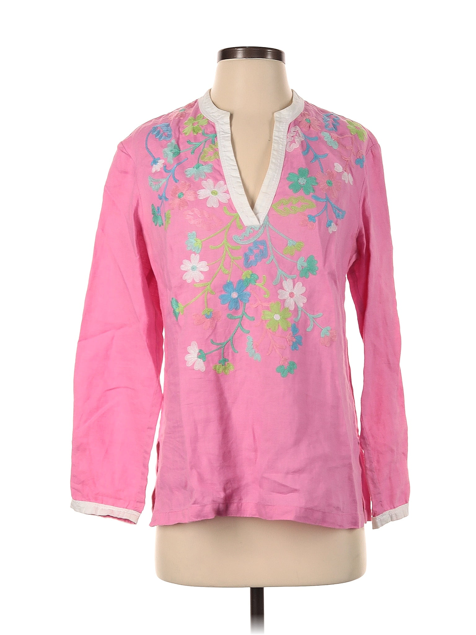 Sigrid Olsen 100 Linen Color Block Floral Pink Long Sleeve Blouse Size