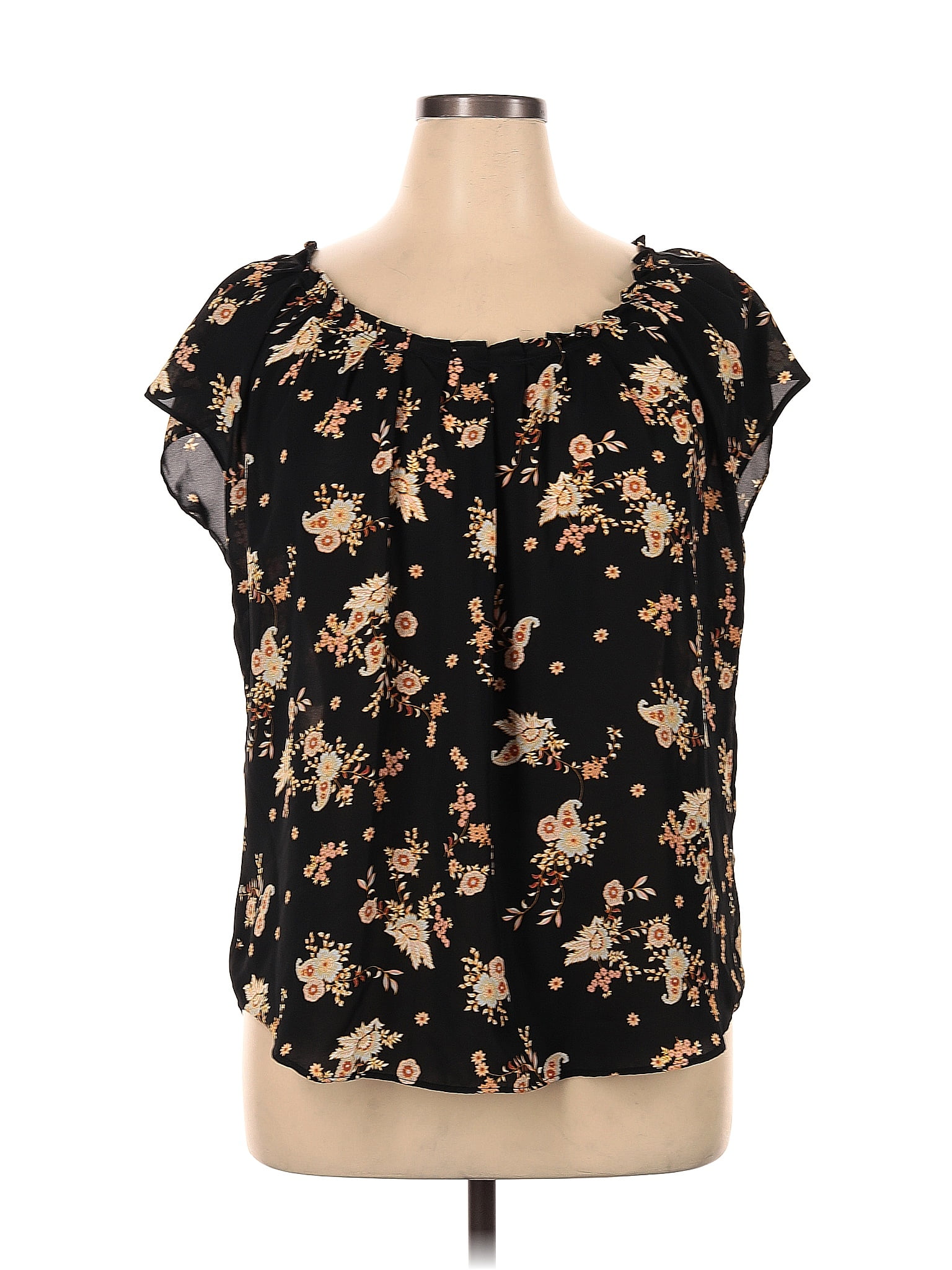 Lc Lauren Conrad 100 Polyester Floral Black Short Sleeve Blouse Size