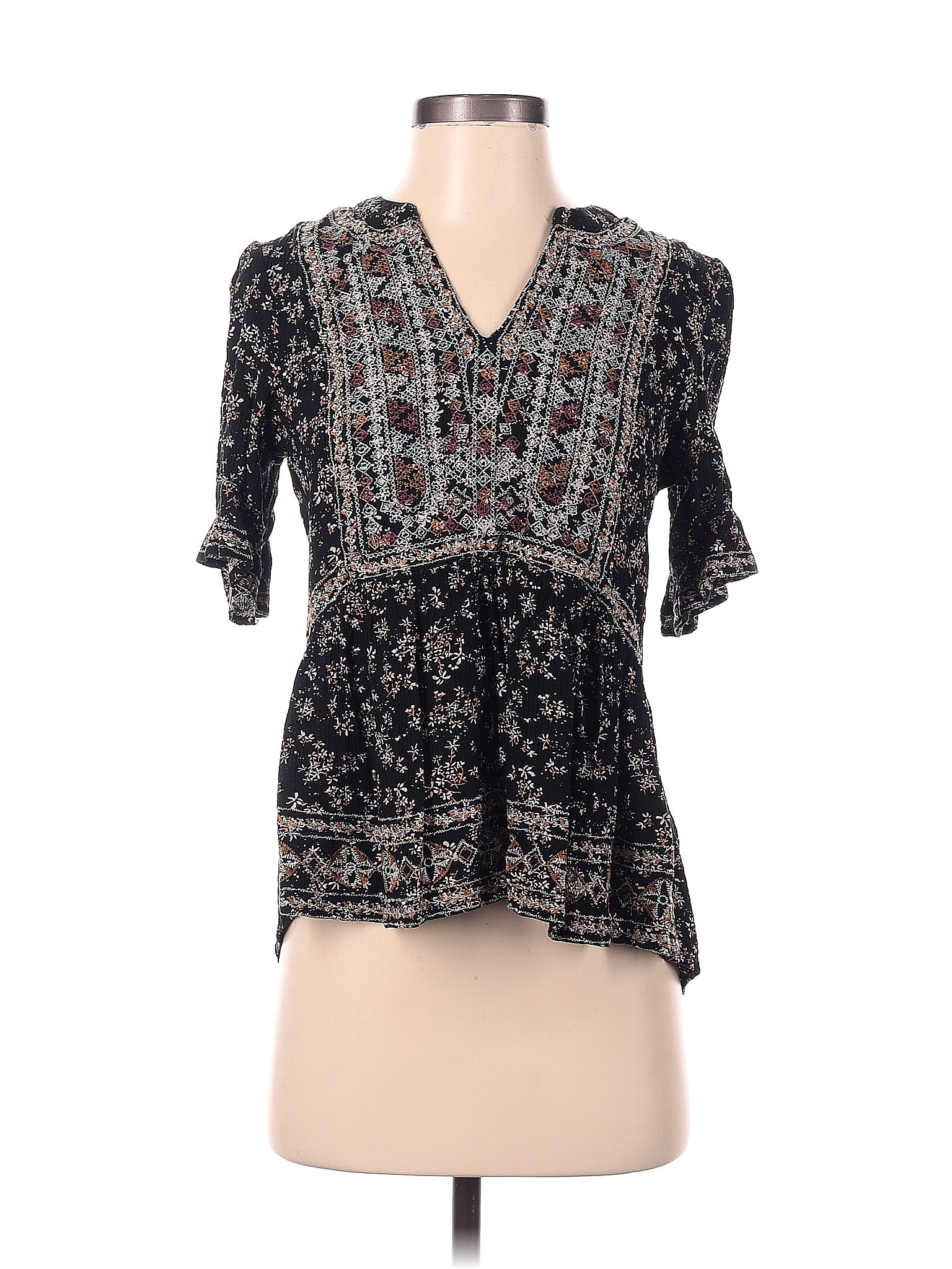 Knox Rose 100 Rayon Floral Multi Color Black Short Sleeve Blouse Size