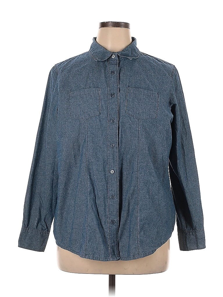 Miss Lili 100% Cotton Marled Blue Long Sleeve Button-Down Shirt Size 1X ...