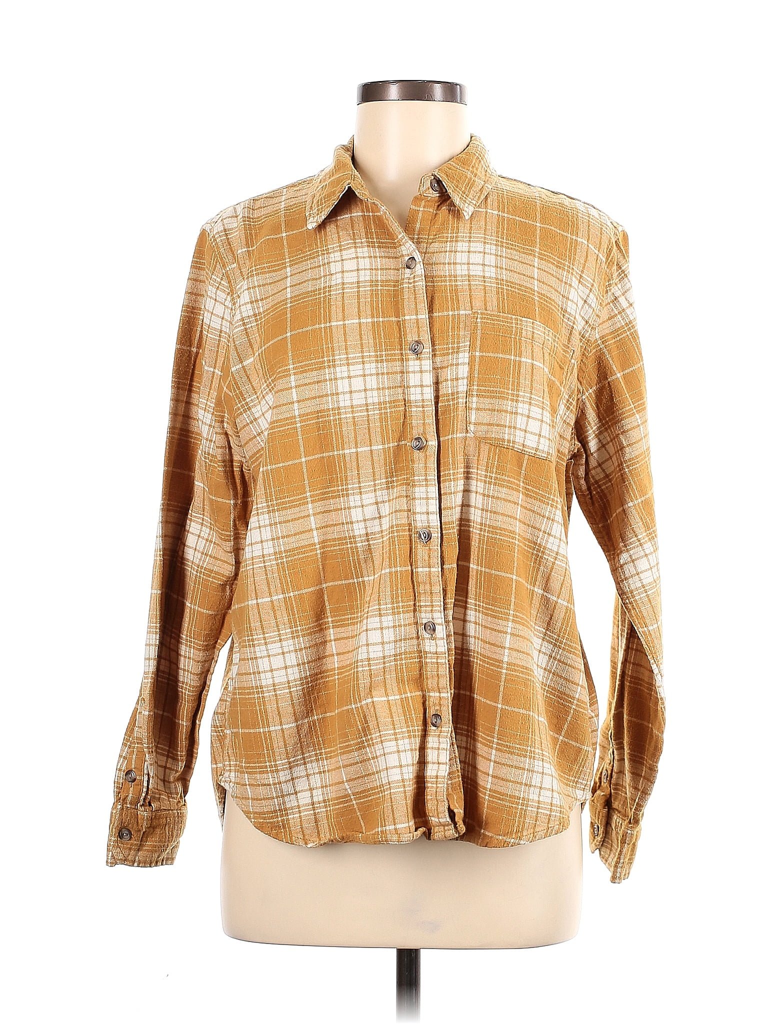 Universal Thread 100% Cotton Plaid Brown Long Sleeve Button-Down Shirt ...