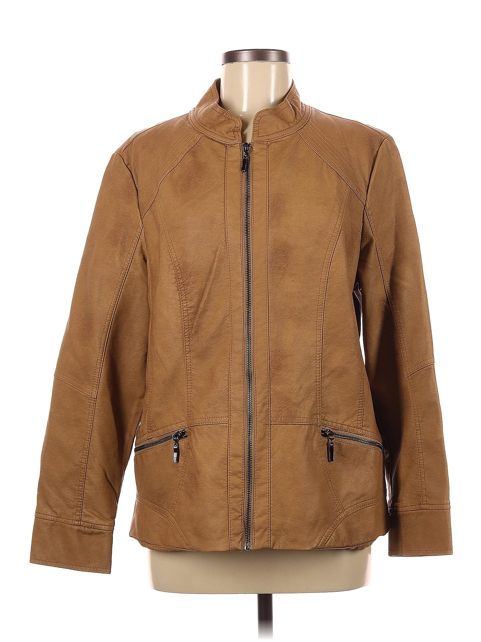 Christopher & Banks 100% Rayon Solid Brown Faux Leather Jacket Size L ...