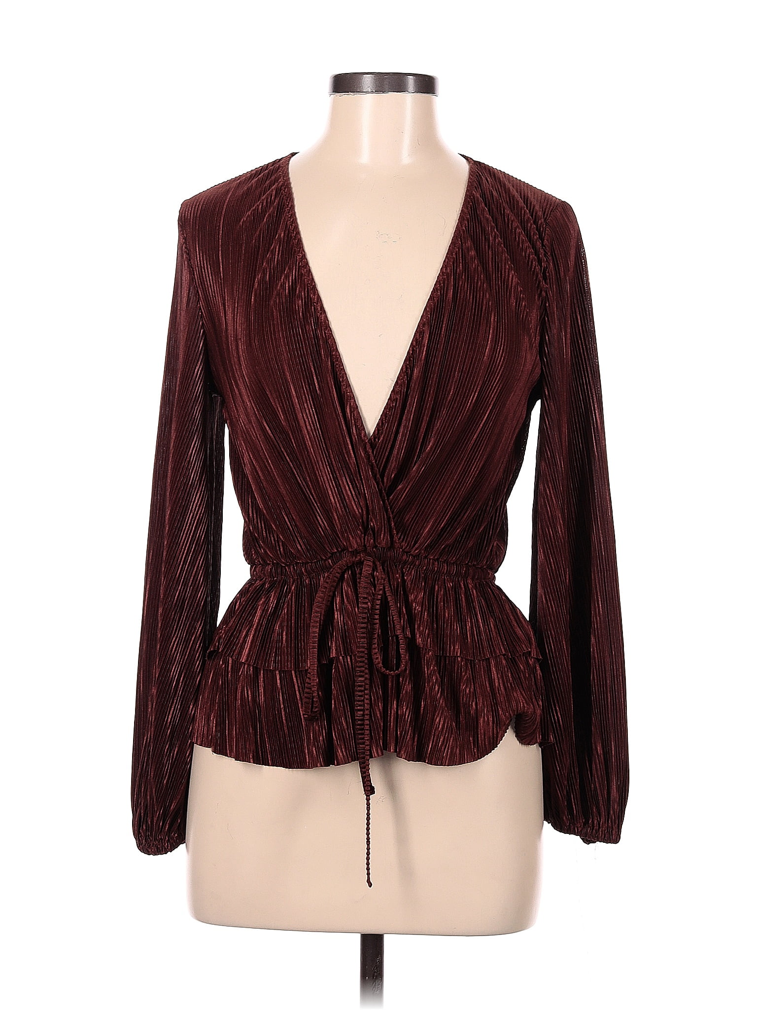 Zara 100 Polyester Solid Brown Burgundy Long Sleeve Blouse Size M 50