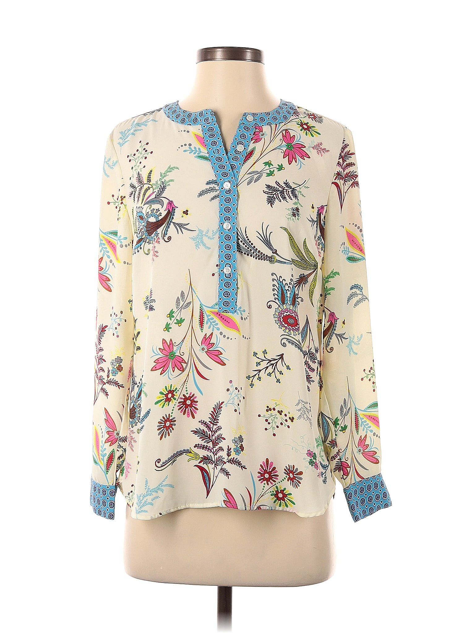 Talbots 100% Polyester Floral Ivory Long Sleeve Blouse Size S (Petite ...