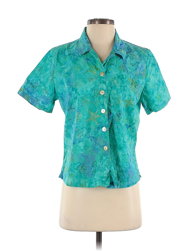 Orvis 100 Cotton Damask Batik Brocade Teal Sleeveless Button Down