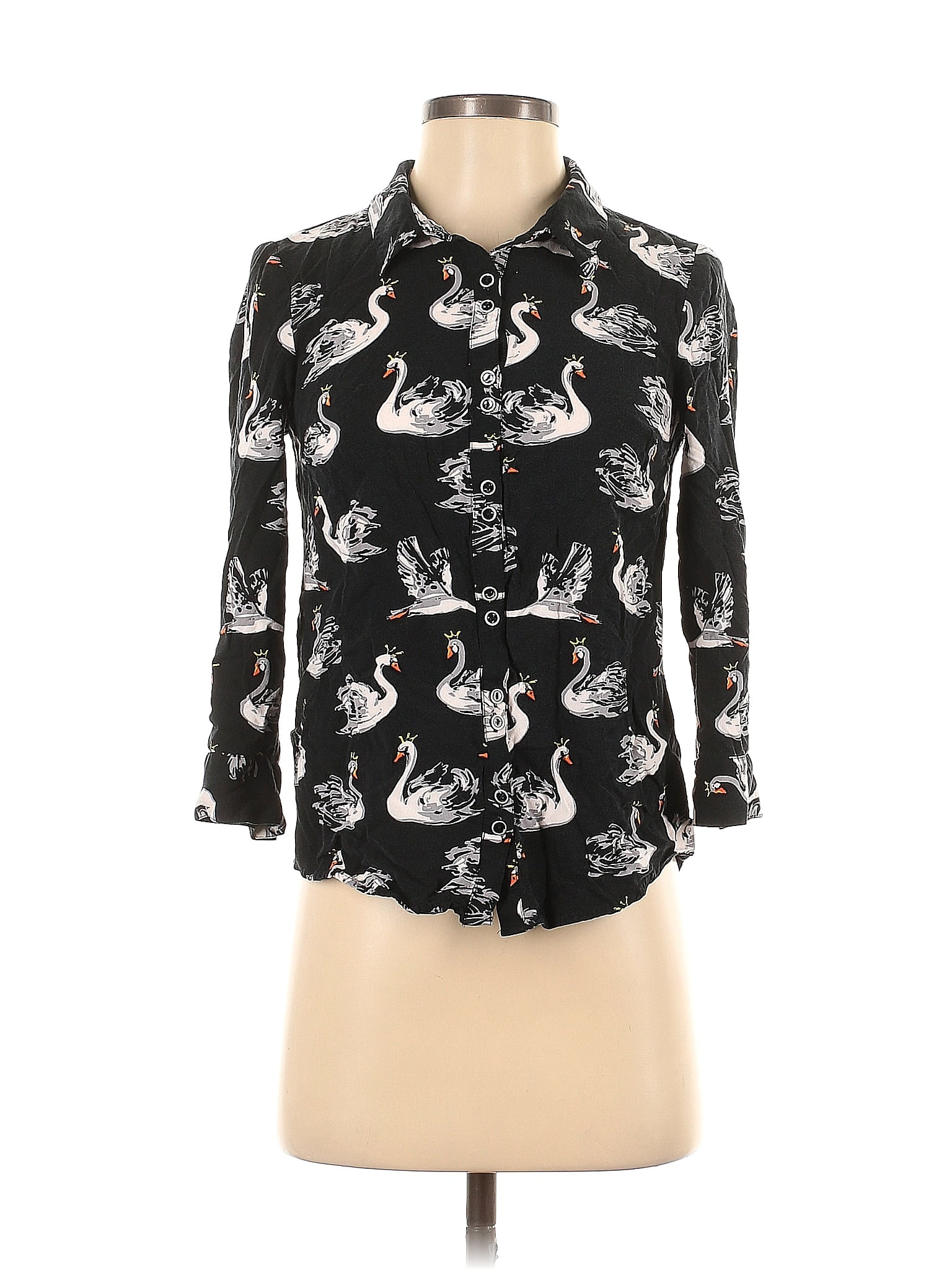 ModCloth 100% Rayon Floral Black Long Sleeve Button-Down Shirt Size S ...