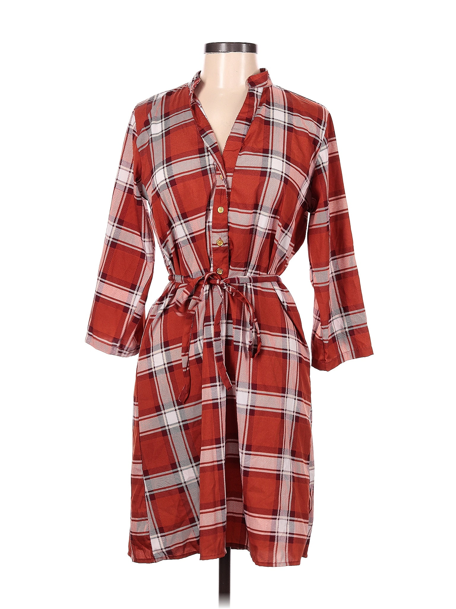 MPH Collection 100% Polyester Plaid Multi Color Burgundy Casual Dress ...