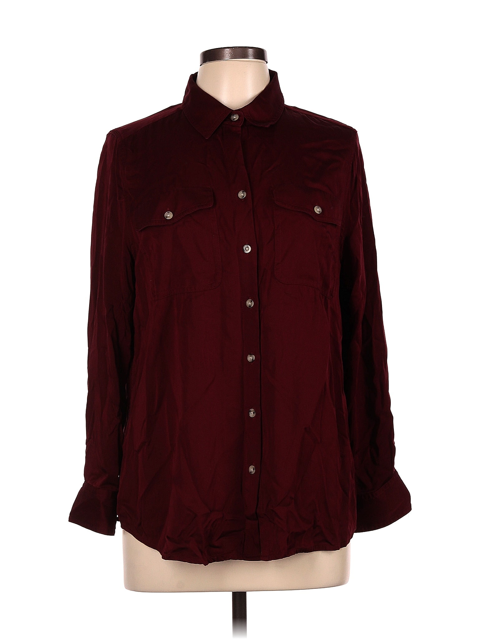 Chico's 100% Modal Checkered-gingham Burgundy Long Sleeve Button-Down ...