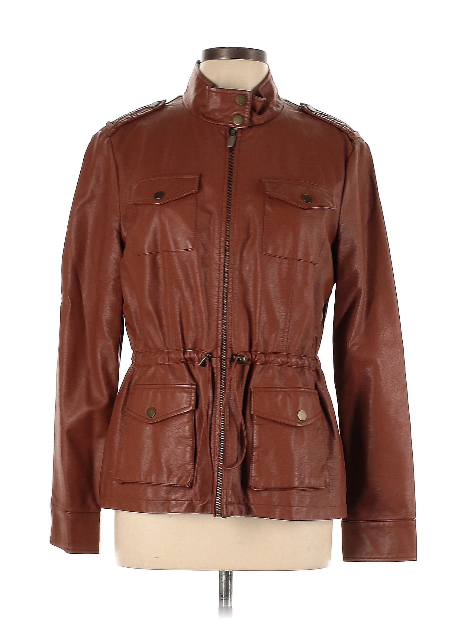 New York & Company 100% Polyester Solid Brown Faux Leather Jacket Size ...