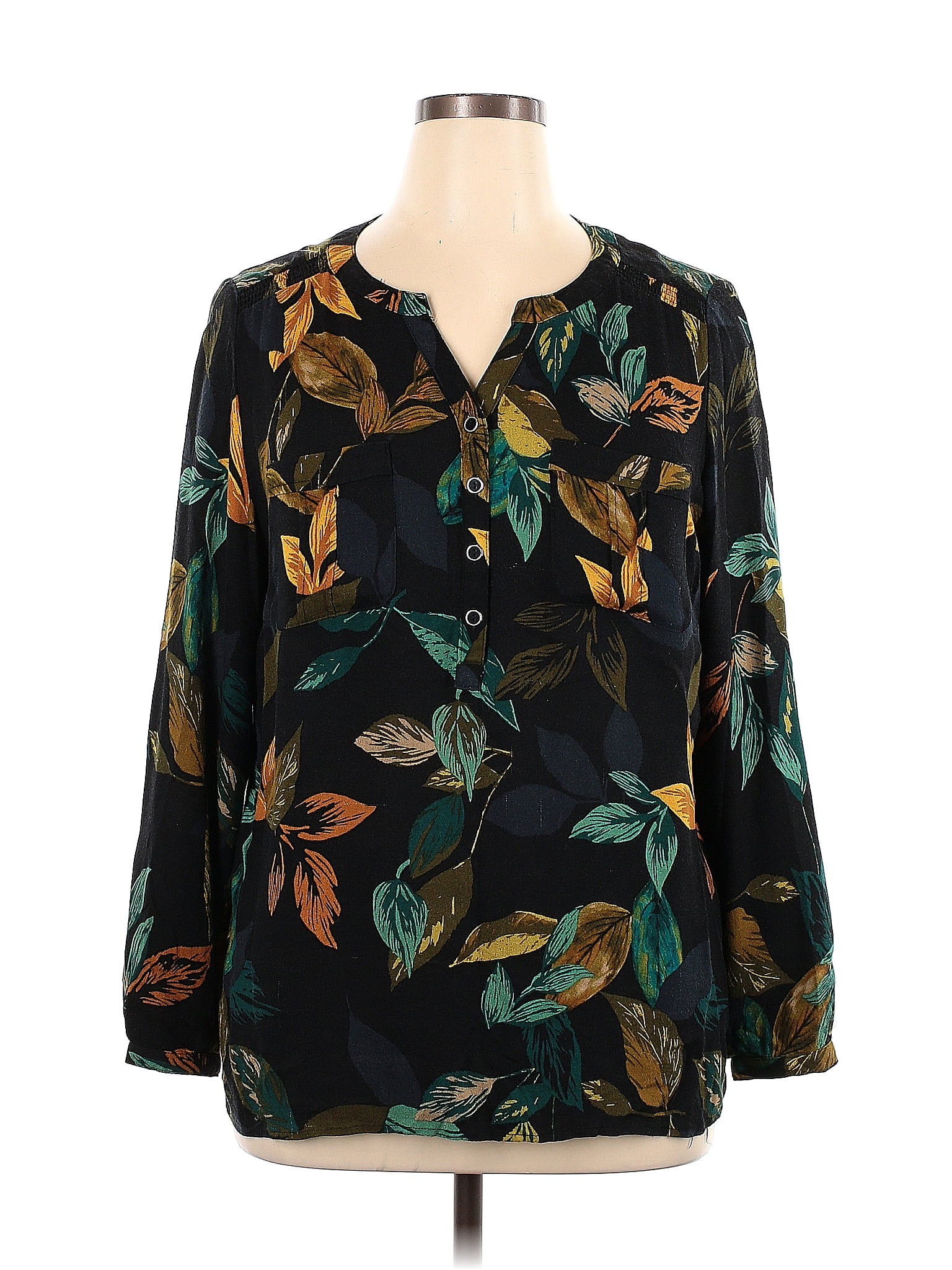 Cj Banks 100% Rayon Tropical Black Long Sleeve Button-Down Shirt Size ...