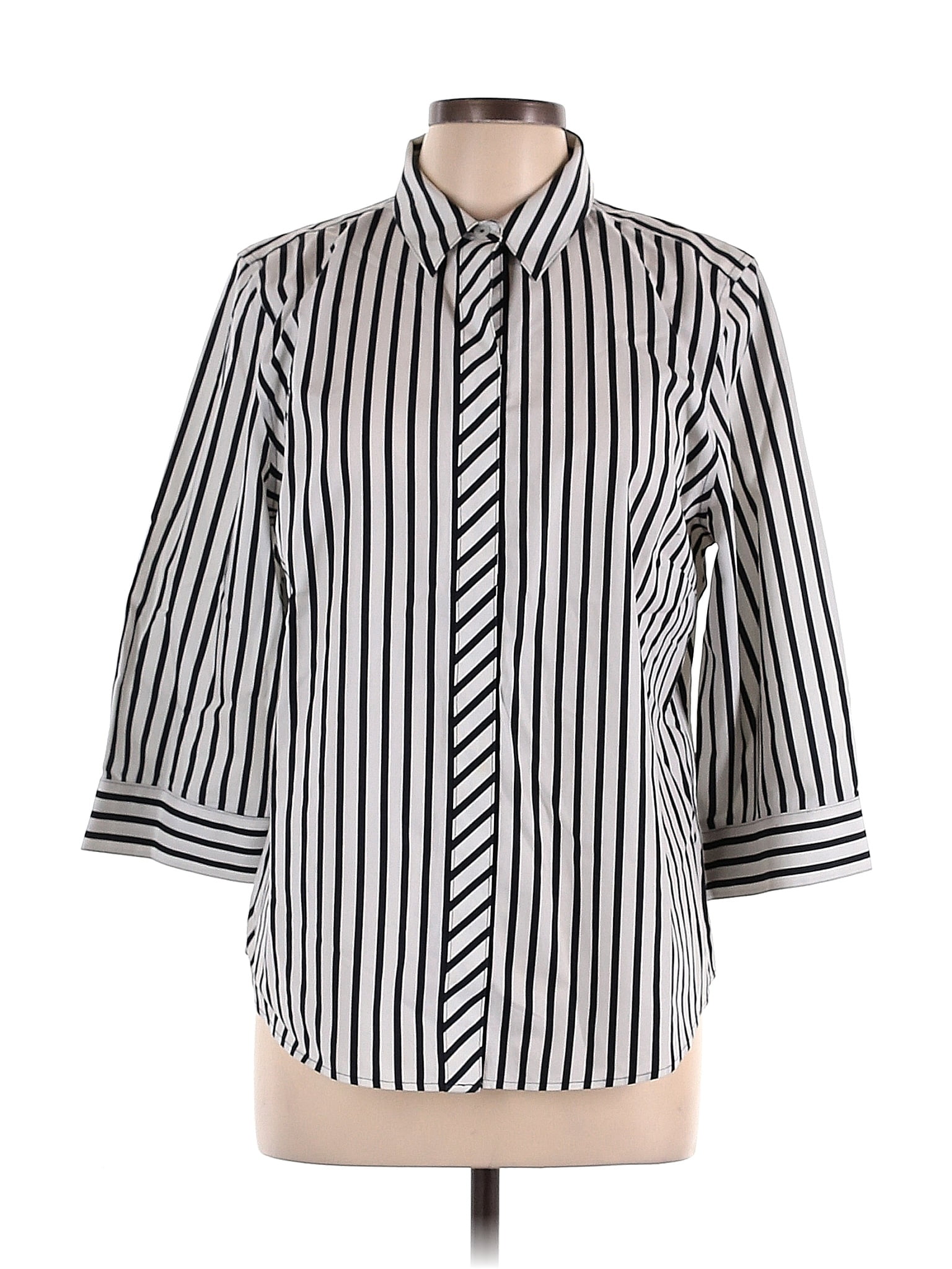 Chicos 100 Cotton Stripes Black Silver Long Sleeve Button Down Shirt