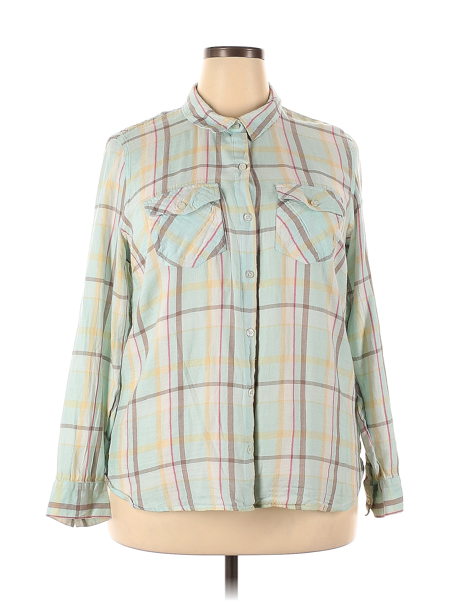 Jessica Simpson Plaid Green Long Sleeve Button Down Shirt Size Xxl 50