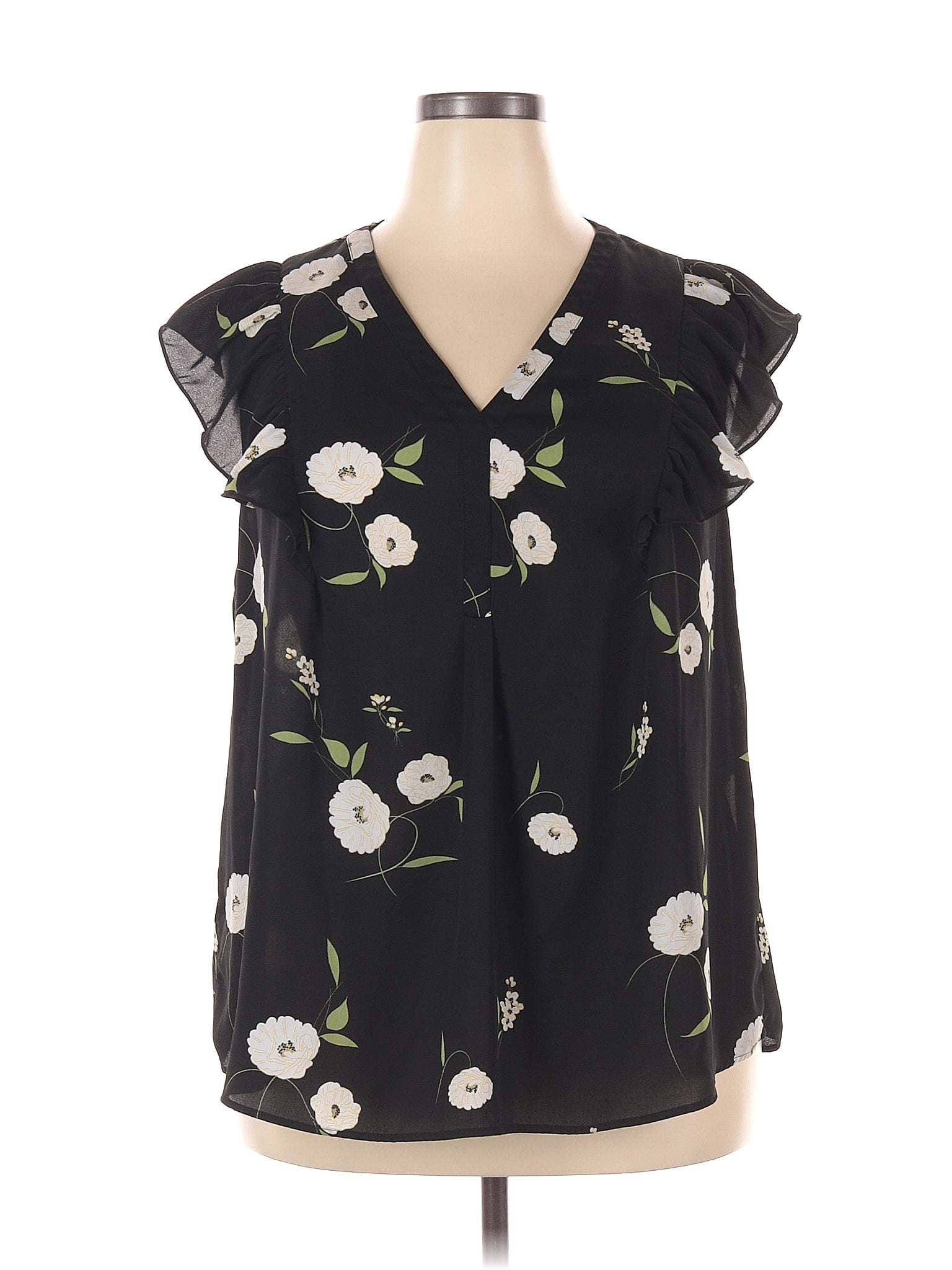 Les Serein 100 Polyester Floral Black Short Sleeve Blouse Size 2x