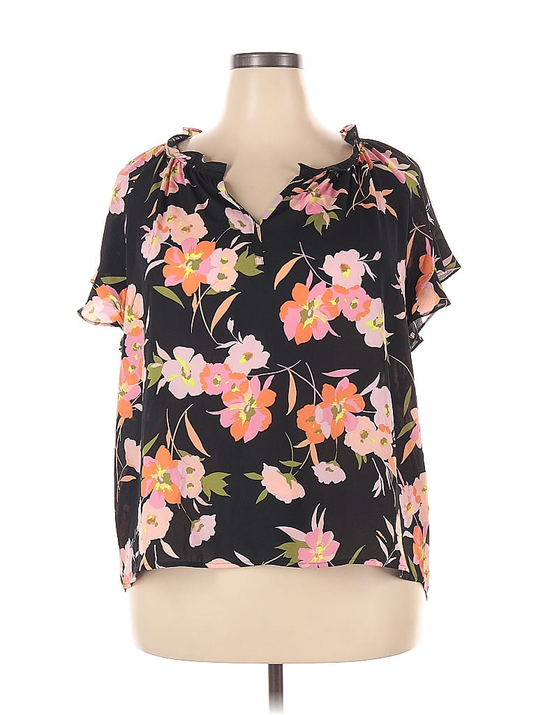 Beacon 100 Polyester Floral Black Short Sleeve Blouse Size 2x Plus