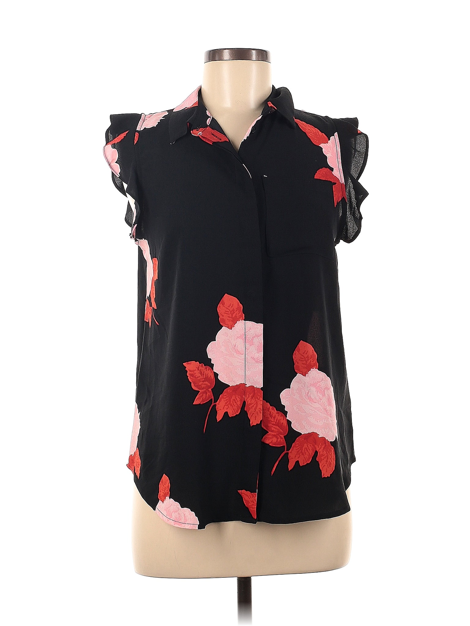 Who What Wear 100 Polyester Floral Black Short Sleeve Blouse Size M