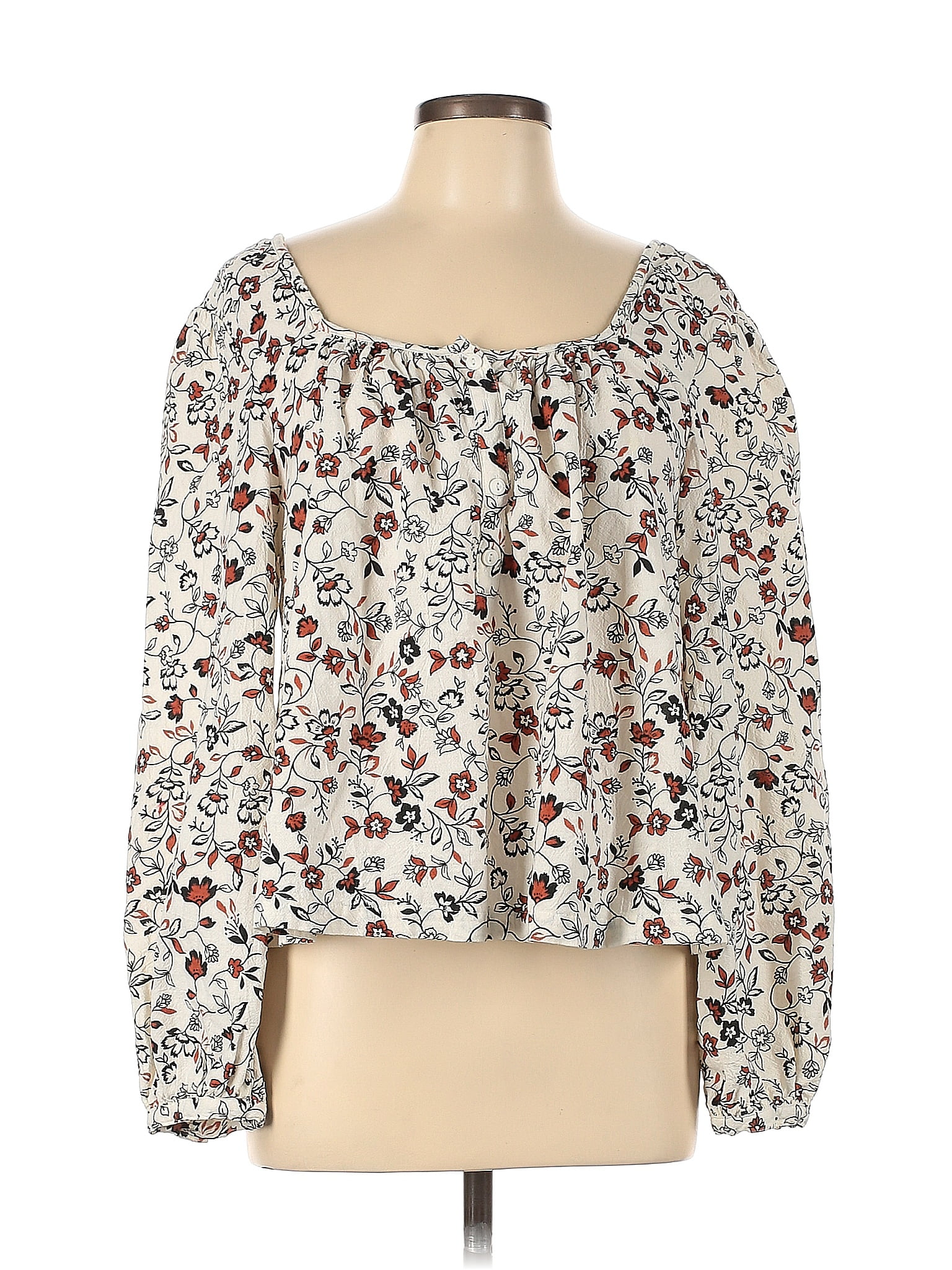 A N A A New Approach 100 Cotton Floral White Ivory Long Sleeve Blouse