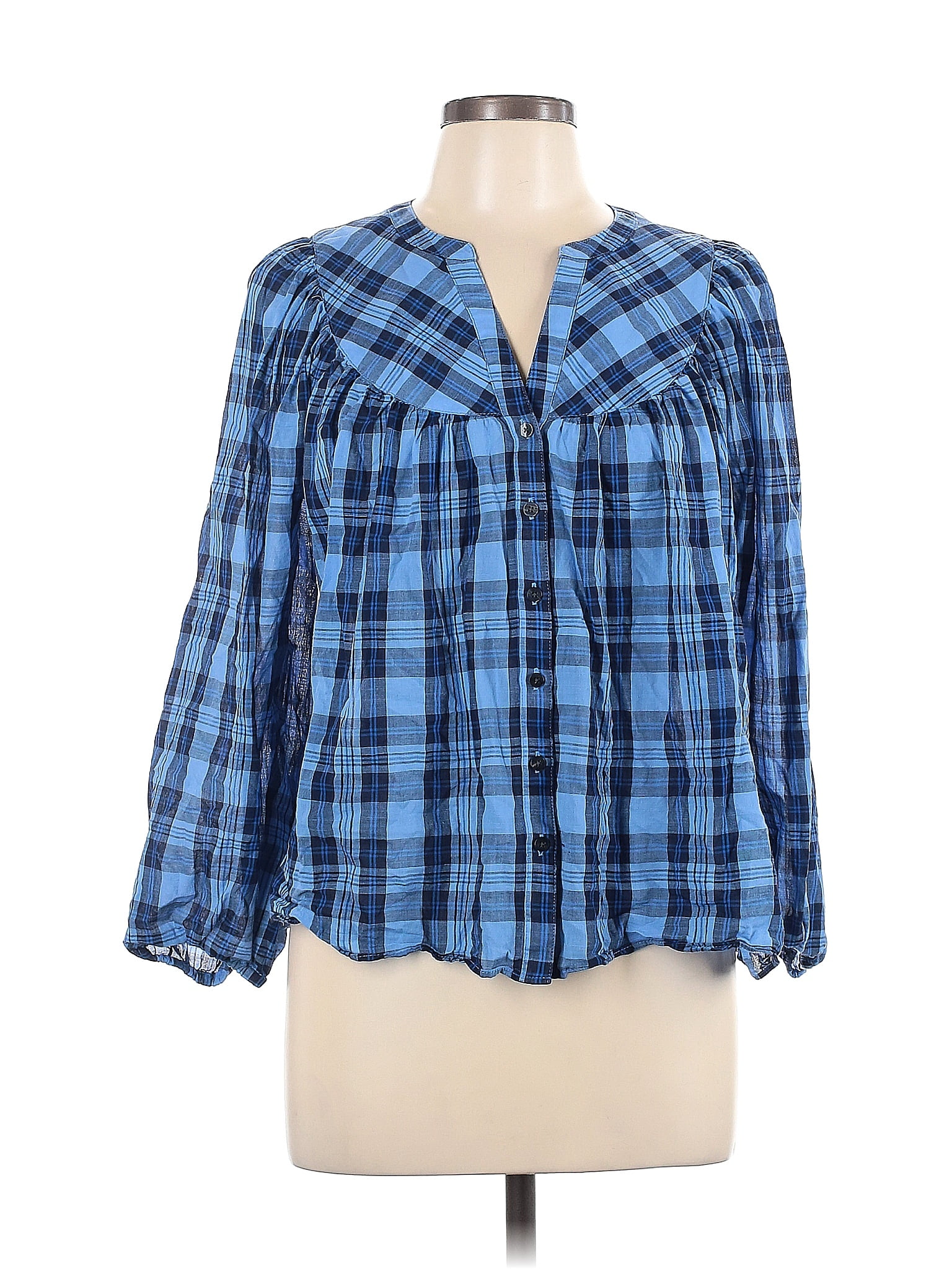 Draper James 100% Cotton Plaid Blue Long Sleeve Button-Down Shirt Size ...