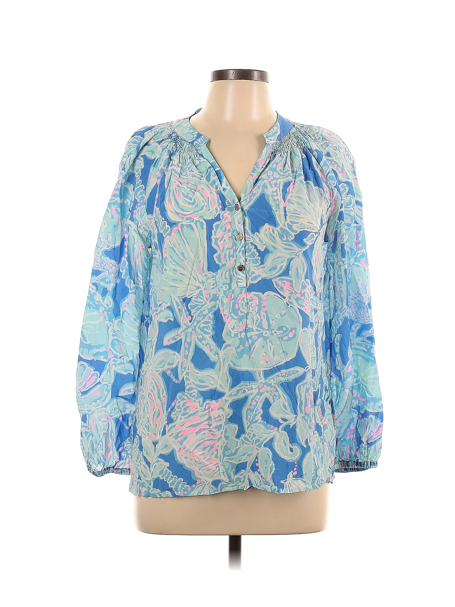 Lilly Pulitzer 100 Silk Floral Blue Long Sleeve Blouse Size L 65