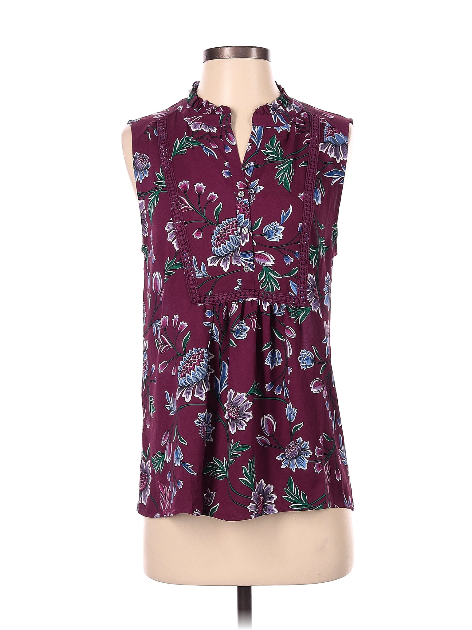 Ann Taylor Loft 100 Rayon Floral Motif Burgundy Sleeveless Blouse Size