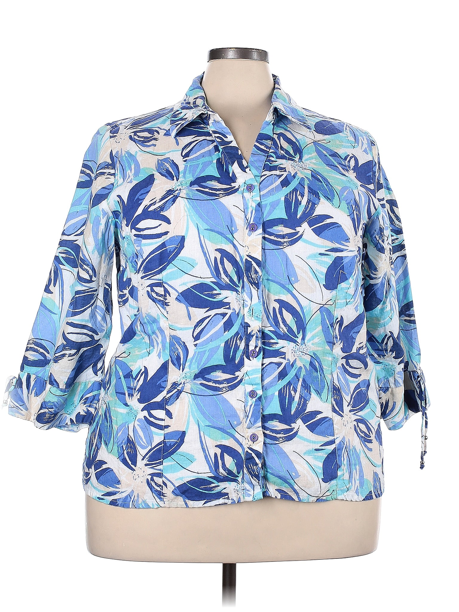 JM Collection 100% Linen Floral Motif Batik Tropical Blue 3/4 Sleeve ...