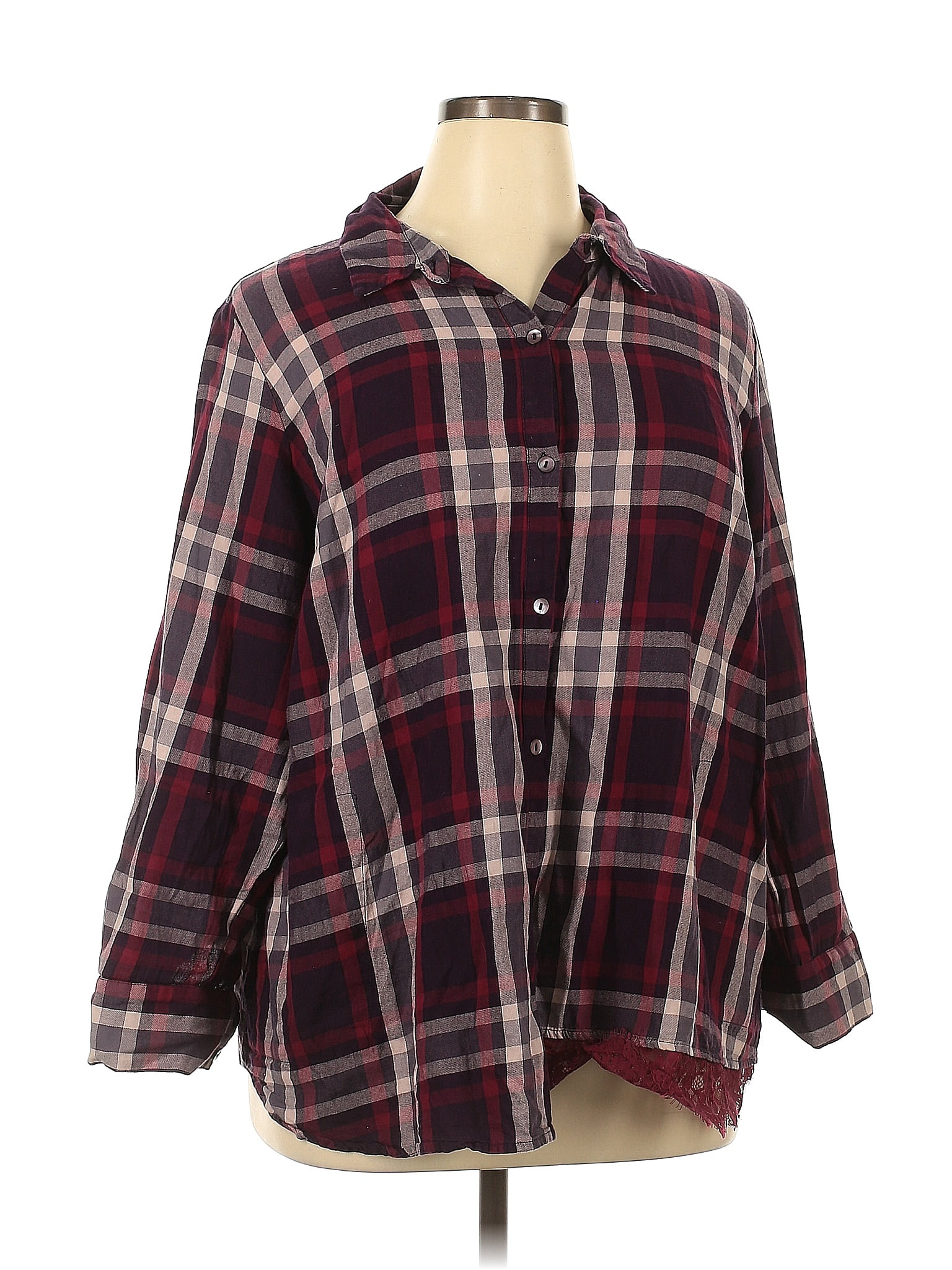 Logo By Lori Goldstein 100 Cotton Plaid Burgundy 3 4 Sleeve Button