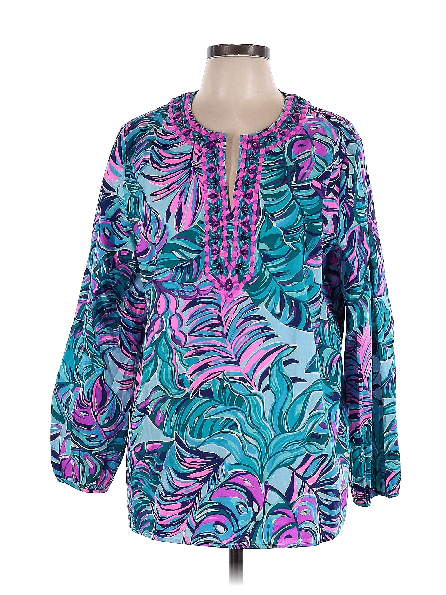 Lilly Pulitzer 100 Cotton Batik Teal Long Sleeve Blouse Size L 62
