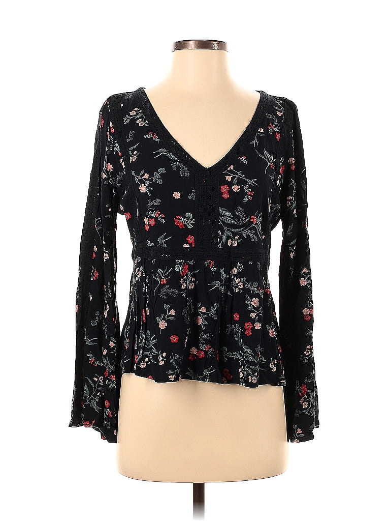 American Eagle Outfitters 100 Viscose Floral Black Long Sleeve Top