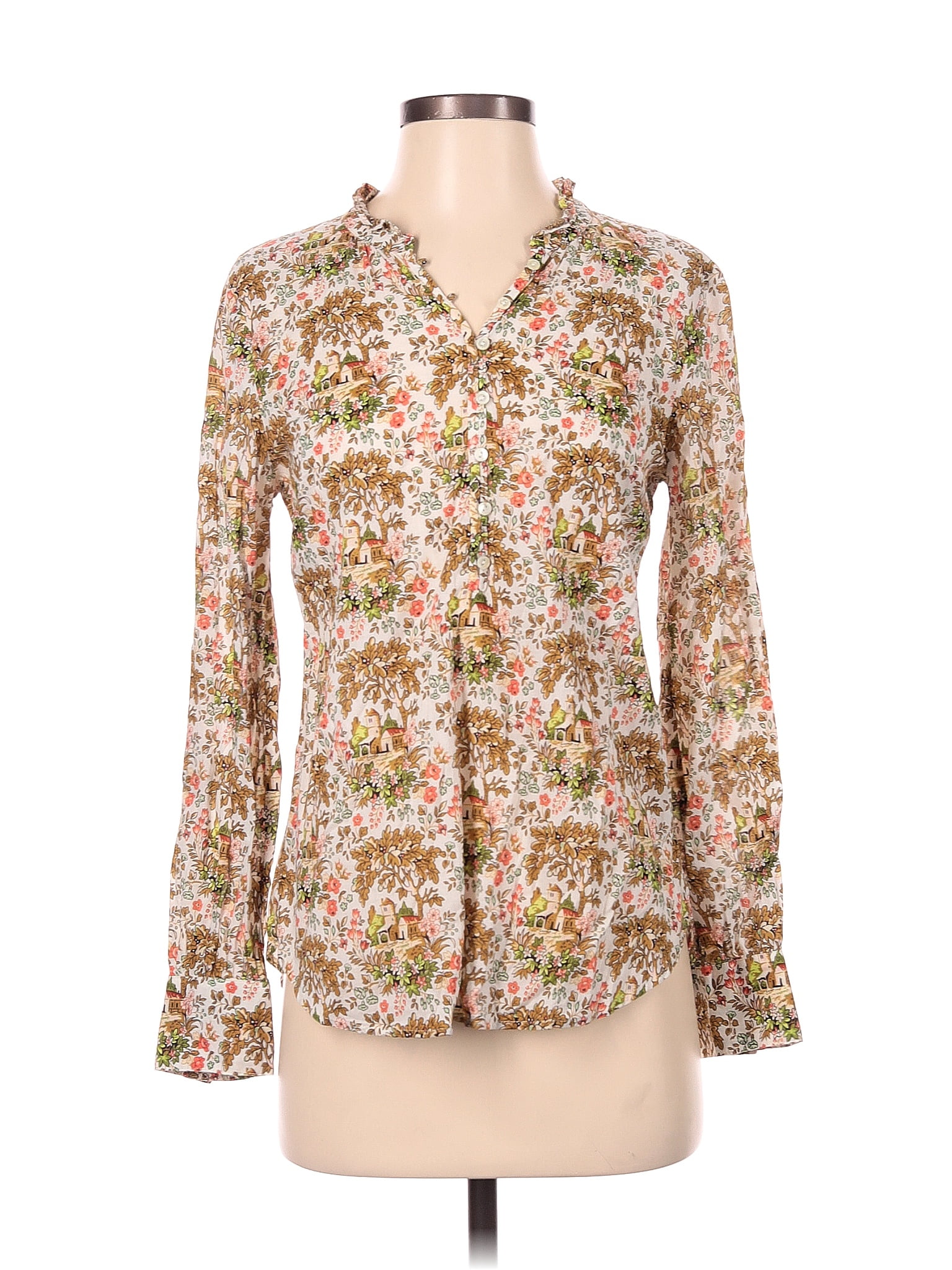 Talbots 100% Cotton Floral Motif Floral Ivory Long Sleeve Blouse Size ...