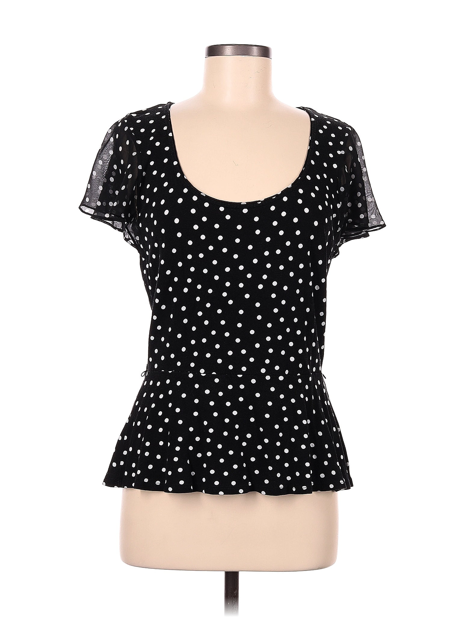 White House Black Market Polka Dots Black Short Sleeve Blouse Size M