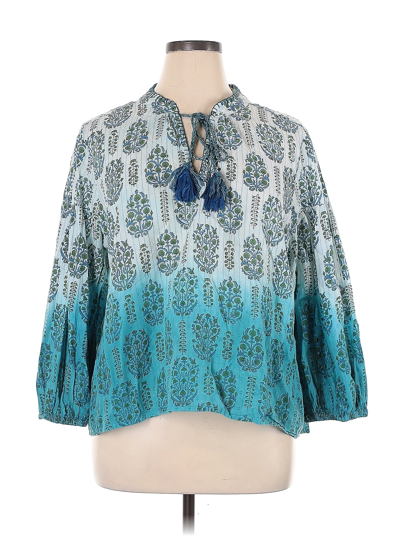 Sundance 100 Cotton Damask Ombre Teal Long Sleeve Blouse Size Xl 76
