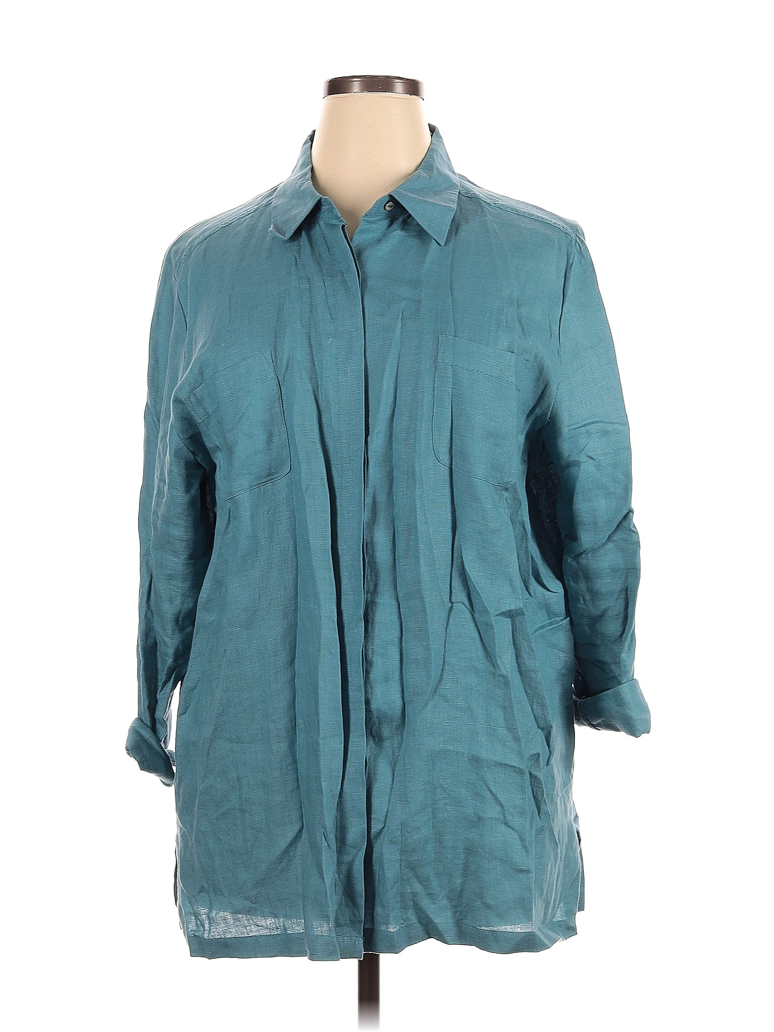 Amanda Smith 100 Linen Teal Long Sleeve Button Down Shirt Size Xl 58