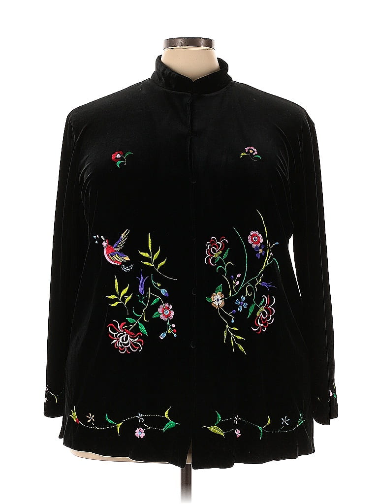 Susan Graver Floral Motif Black Long Sleeve Blouse Size 2x Plus 65