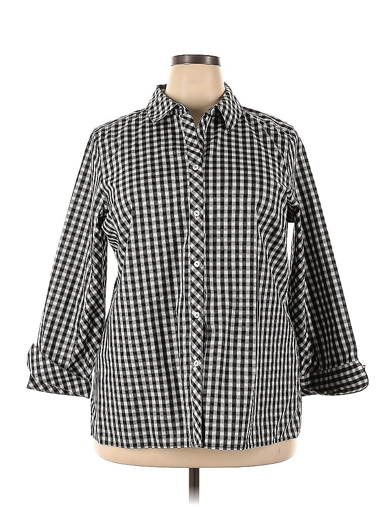 Foxcroft 100% Cotton Houndstooth Checkered-gingham Black Long Sleeve Button-Down Shirt Size 16 ...