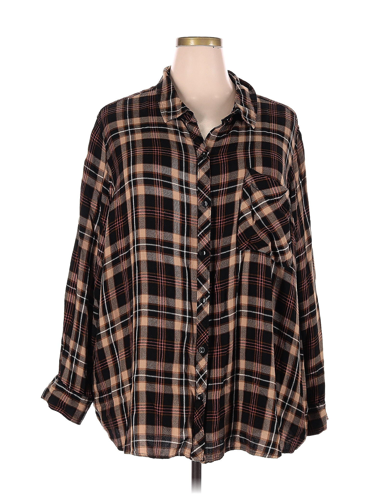 Terra & Sky 100% Viscose Plaid Brown Long Sleeve Button-Down Shirt Size 5X (Plus) - 15% off ...