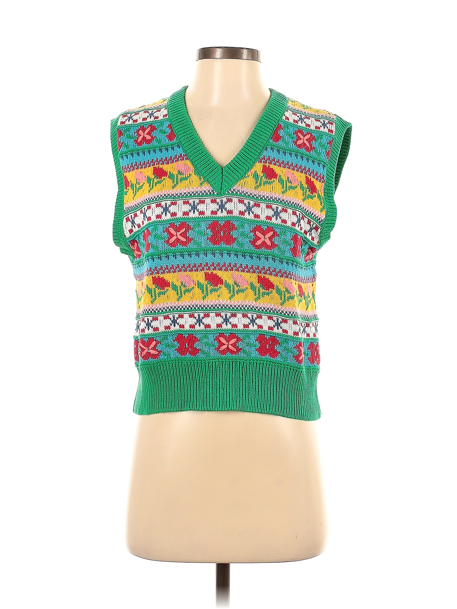 Zara 100% Cotton Aztec Or Tribal Print Floral Stripes Green Sweater ...