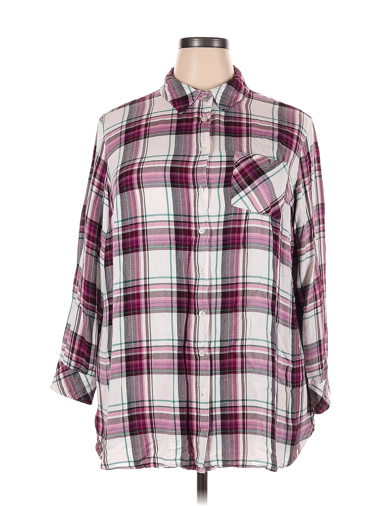 Ava & Viv 100% Rayon Plaid Burgundy Long Sleeve Button-Down Shirt Size 2X (Plus) - 51% off | ThredUp