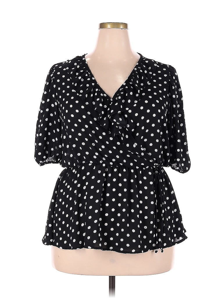White Birch 100 Polyester Polka Dots Black Short Sleeve Blouse Size 2x