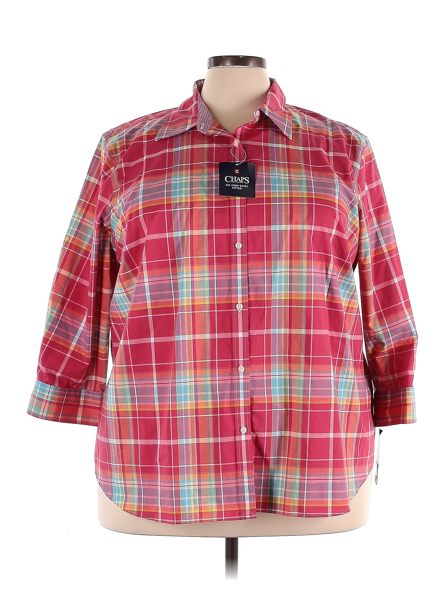 Chaps 100 Cotton Plaid Red Long Sleeve Button Down Shirt Size 3x Plus