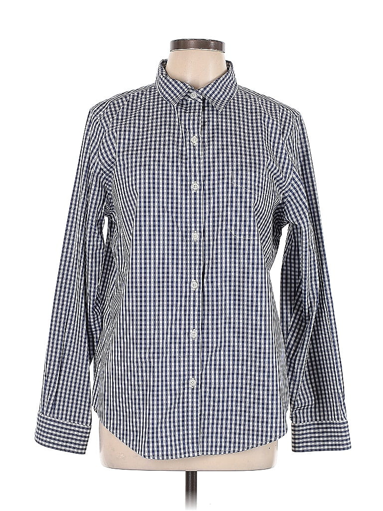 L.L.Bean 100% Cotton Houndstooth Checkered-gingham Grid Blue Long Sleeve Button-Down Shirt Size ...