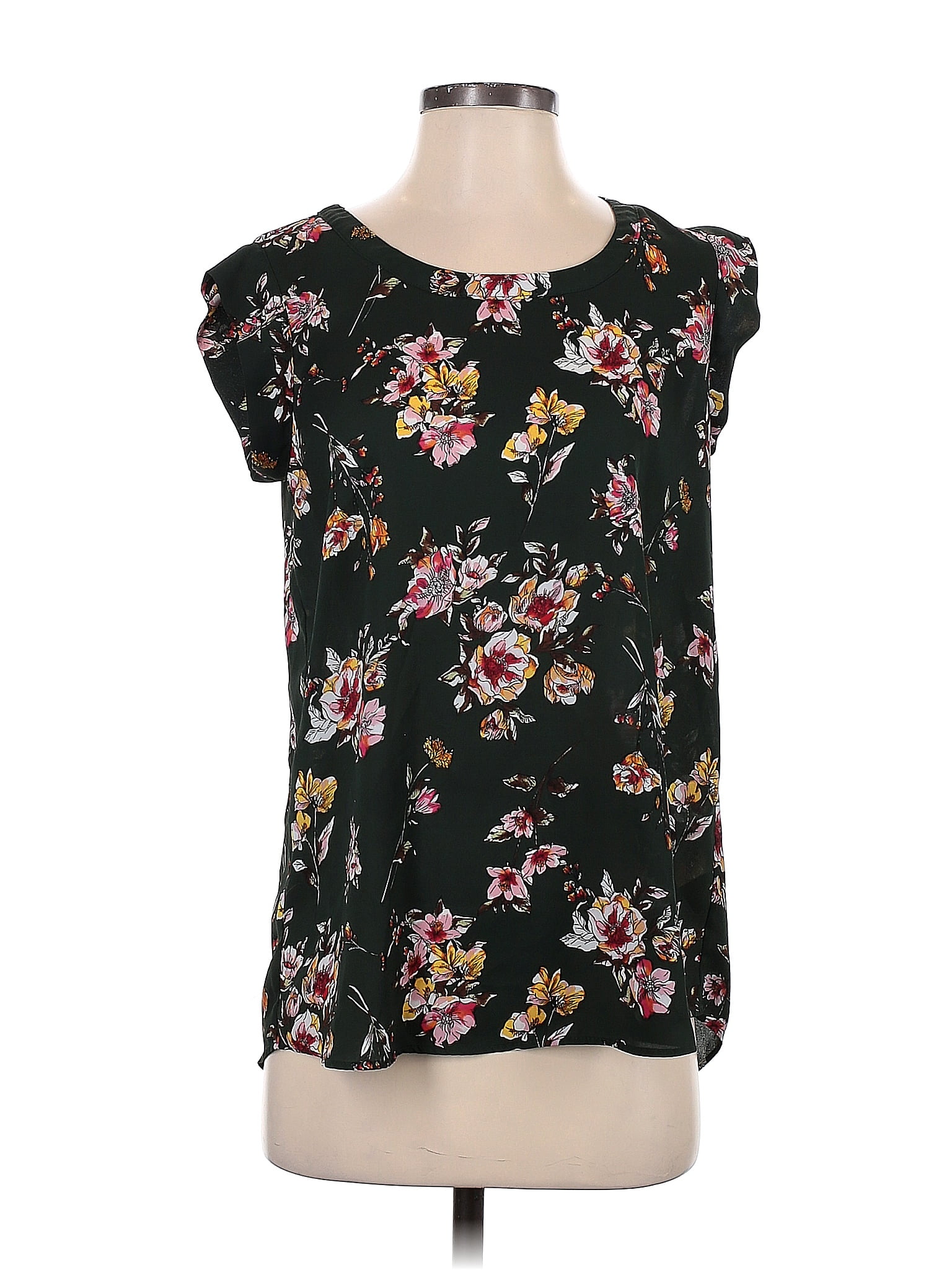 Pleione 100 Recycled Polyester Floral Black Short Sleeve Blouse Size