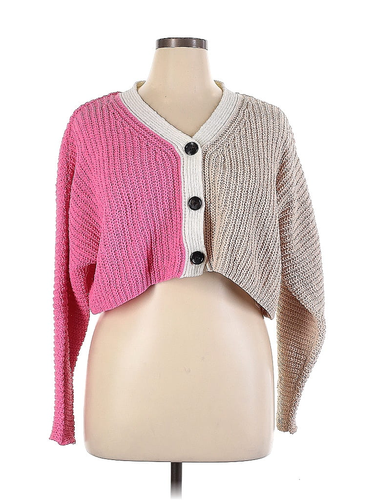 Made With Love 100% Polyester Color Block Pink Cardigan Size XL - 74% ...